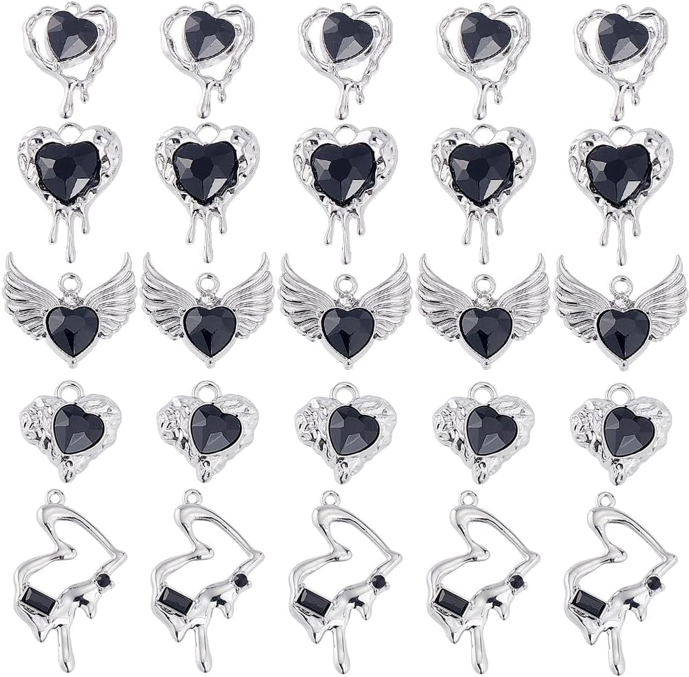 30Pcs 5 Styles Silver Hearts Charms Bulk Glass Heart Charm Gothic Alloy ...