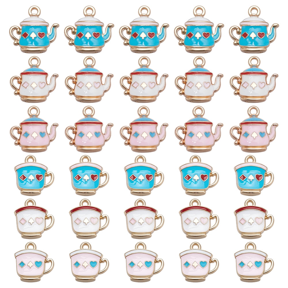 30Pcs 6 Styles Alloy Enamel Pendants Teapot Cup Charms Light Gold Mixed ...