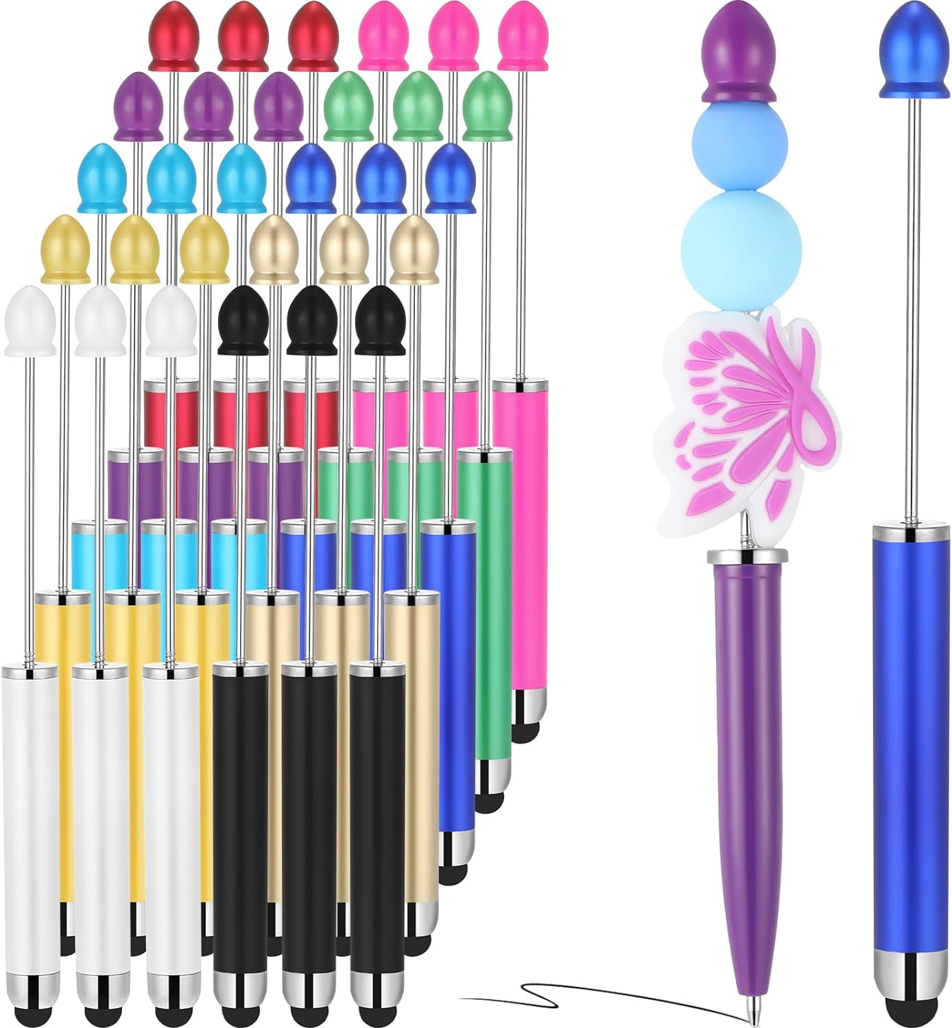 30Pcs Beaded Stylus Pens 2-in-1, Colorful Ballpoint Pens with 1.0mm ...