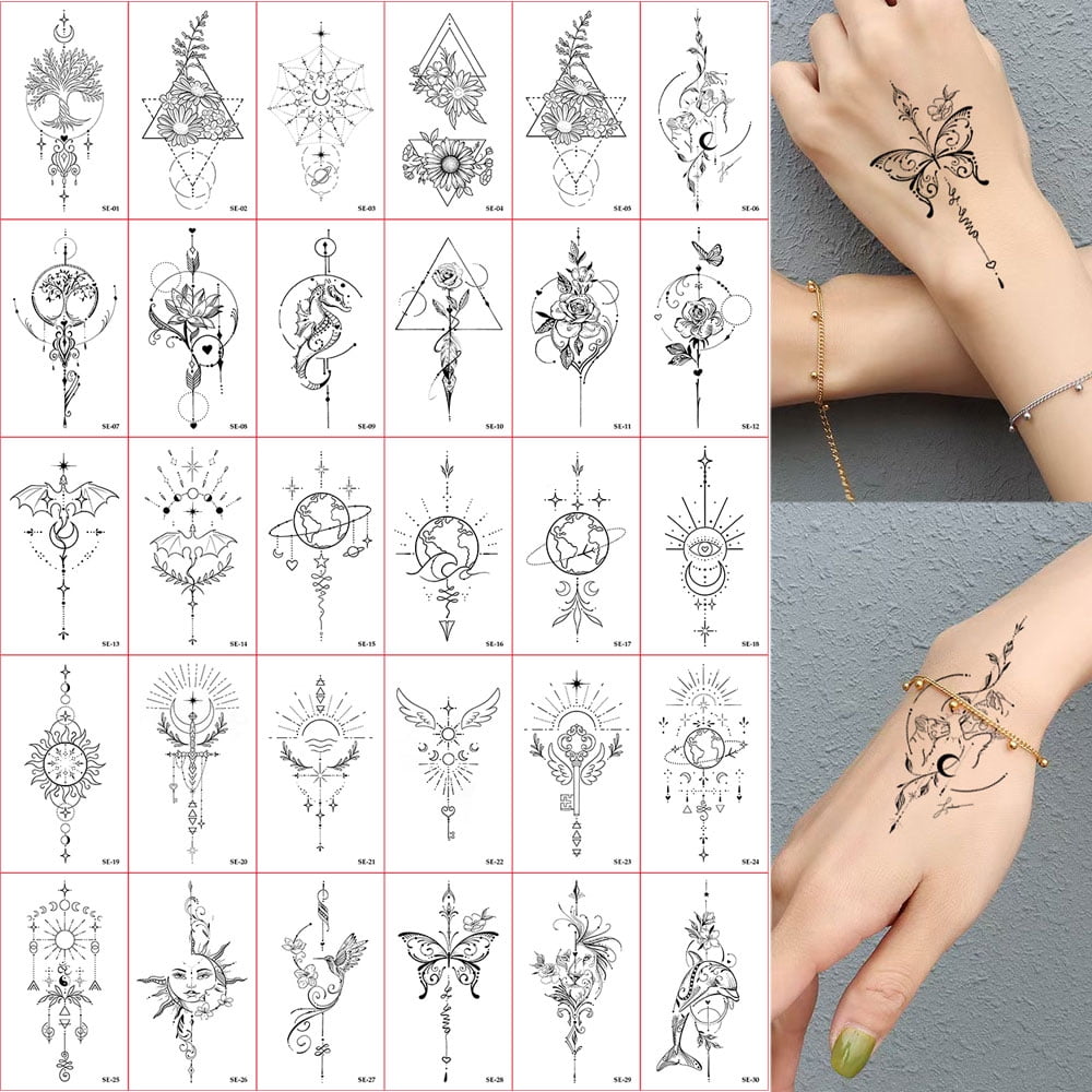 30Pcs Black Flower Stickers Butterfly Rose Moon Star Small Temporary ...