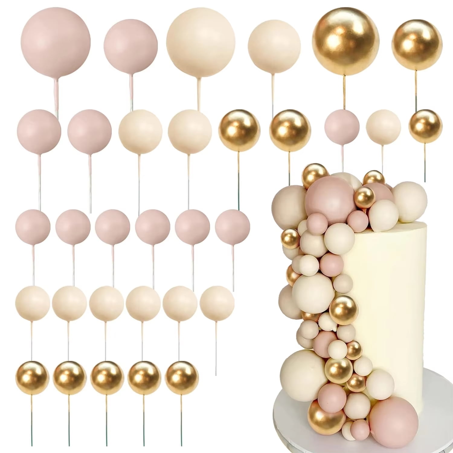 30Pcs Cream Blush Gold Balls Cake Toppers Boho Birthday Cake ...
