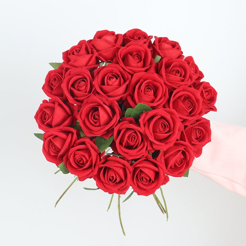 30Pcs Dark Red Artificial Roses Faux Flowers Bulk with Stems, Foam Fake ...