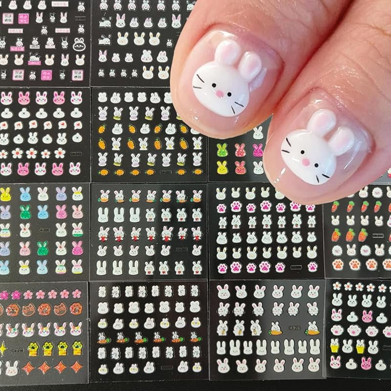 30Pcs Easter Nail Art Stickers Cute Cartoon Bunny Nail Decals 3D Self ...