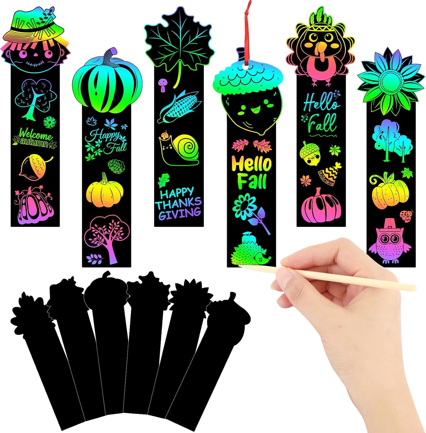 30Pcs Fall Scratch Bookmarks, Rainbow Magic Scratch Paper Art Hello ...