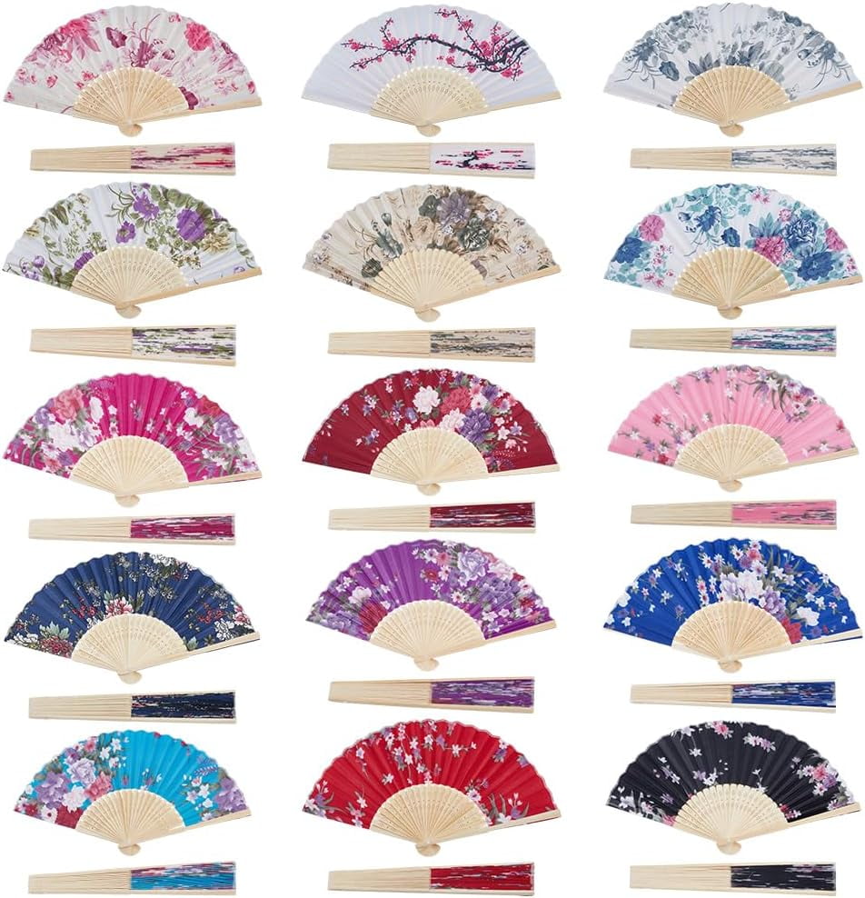 30Pcs Floral Folding Hand Fan Chinese Bamboo Fans Vintage Cloth Fabric ...