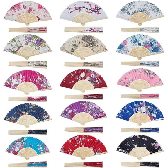 30Pcs Floral Folding Hand Fan Chinese Bamboo Fans Vintage Cloth Fabric ...
