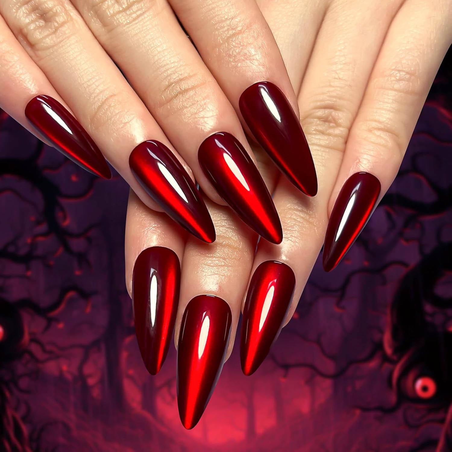 30Pcs Halloween Press on Nails Red Long Stiletto Fake Nails Solid Color ...