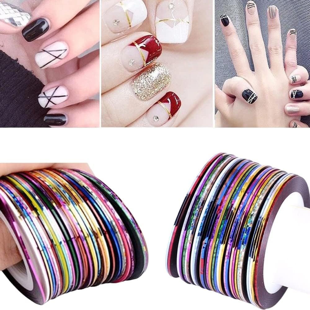30Pcs Nail Art Striping Stickers Tape Metallic Yarn Line 3D Nail Decals ...