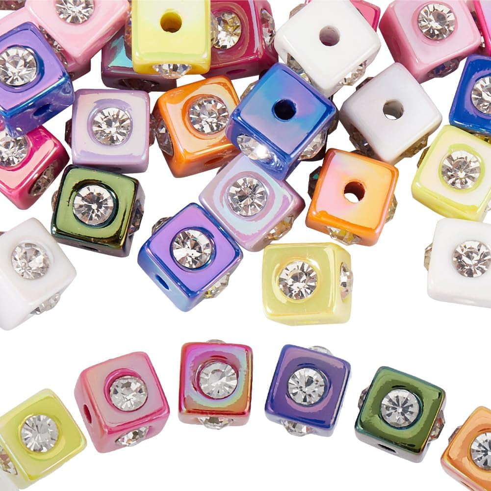 30Pcs Opaque Acrylic Beads with Rhinestone AB Color Cube Mixed Color ...