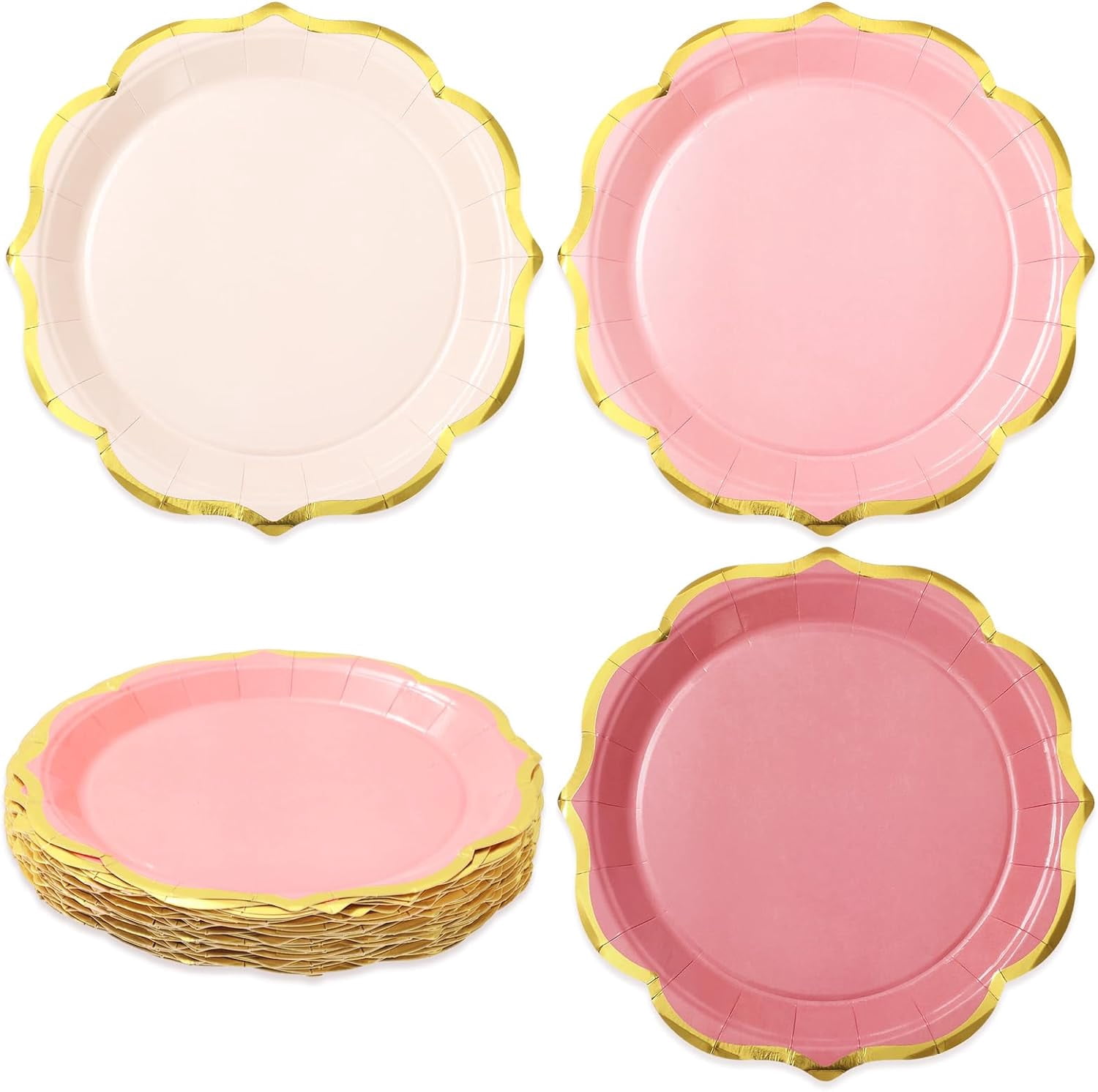 30Pcs Peach Pink Scalloped Paper Plates Gold Foil Border Disposable ...