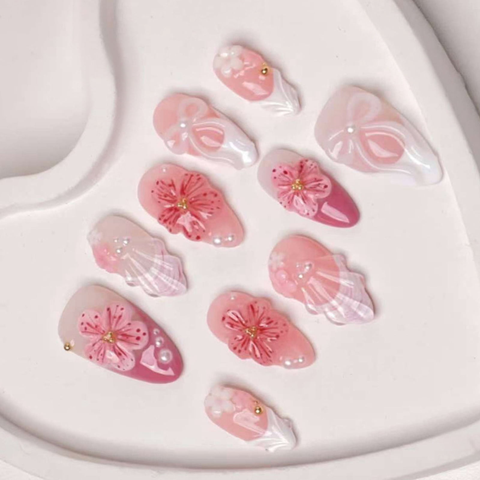 30Pcs Presses On Nails 3D Ice Transparent Floral Designs And Pearls ...