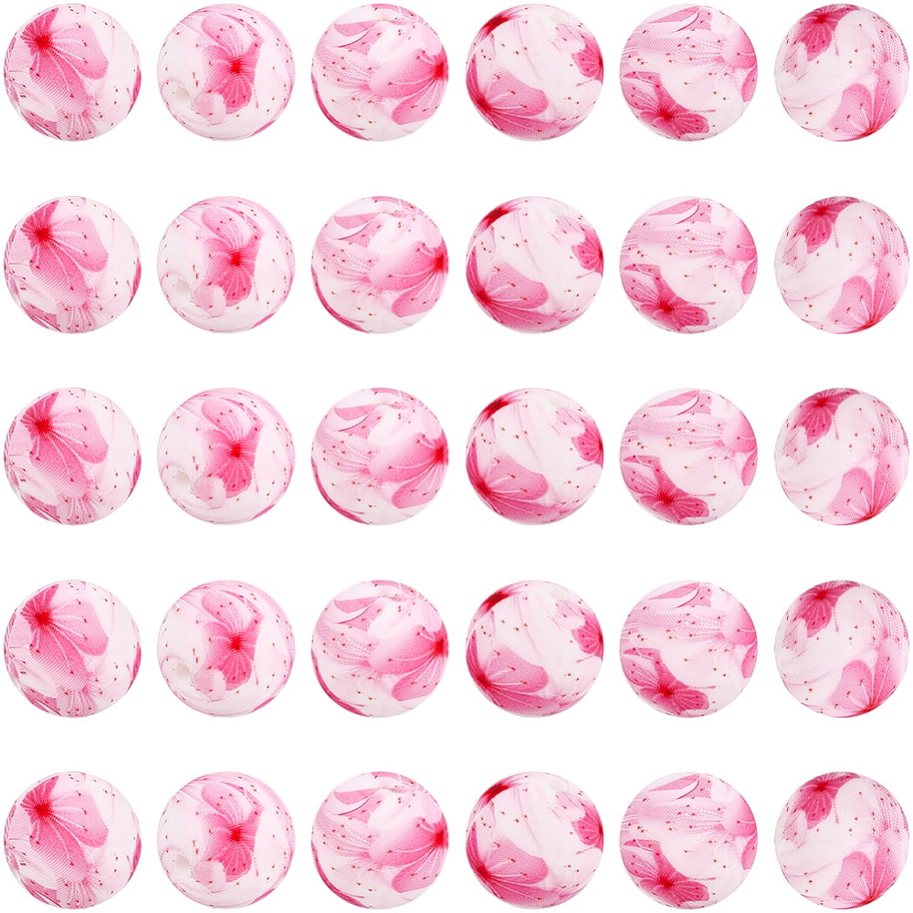 30Pcs Printed Round with Flower Pattern Silicone Focal Beads Pink 15mm ...