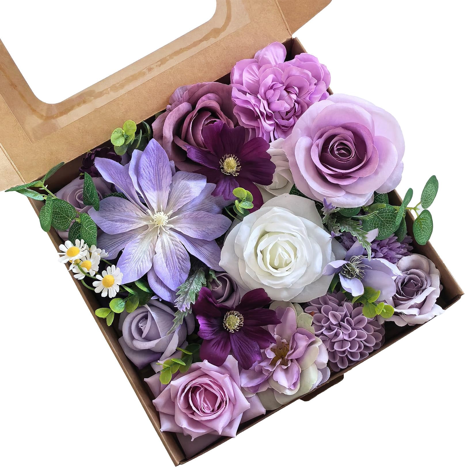 30Pcs Purple Fake Silk Flower Set, Iron Stem Vivid Artificial Bloom ...