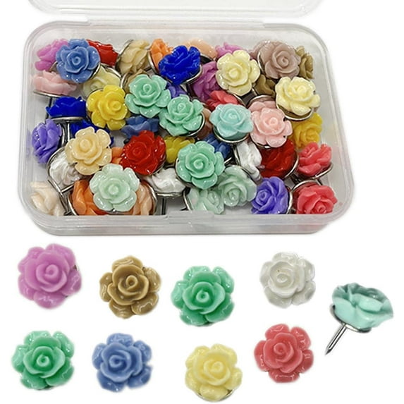 30Pcs Rose Push Pins, TRIANU Thumb Tacks Decorative Push Pins for Cork Board Flower Tacks Cute ...