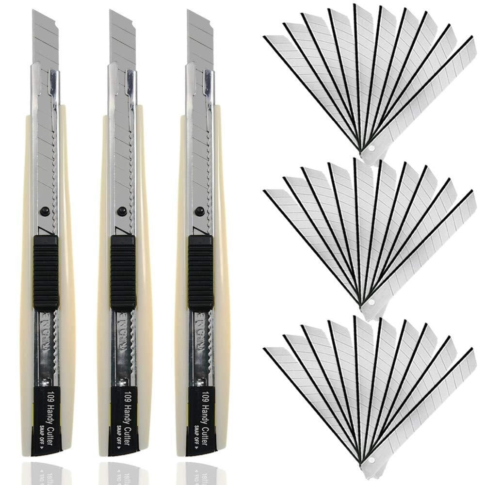 30Pcs Snap Off Utility Knife Blades with 3 Pcs Delicate 9mm Auto Lock ...