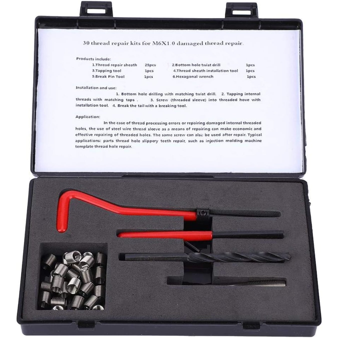 30Pcs Thread Repair Kit,M6 x 1(length 2D) Stainless Steel Twisted Drill Tap Wrench Threaded ...