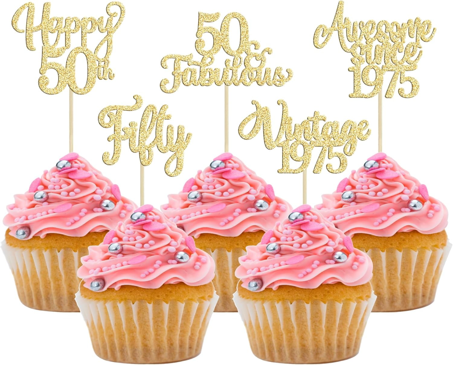 30Pcs Vintage 1975 Cupcake Toppers Glitter Fifty Happy 50th Birthday 50 ...
