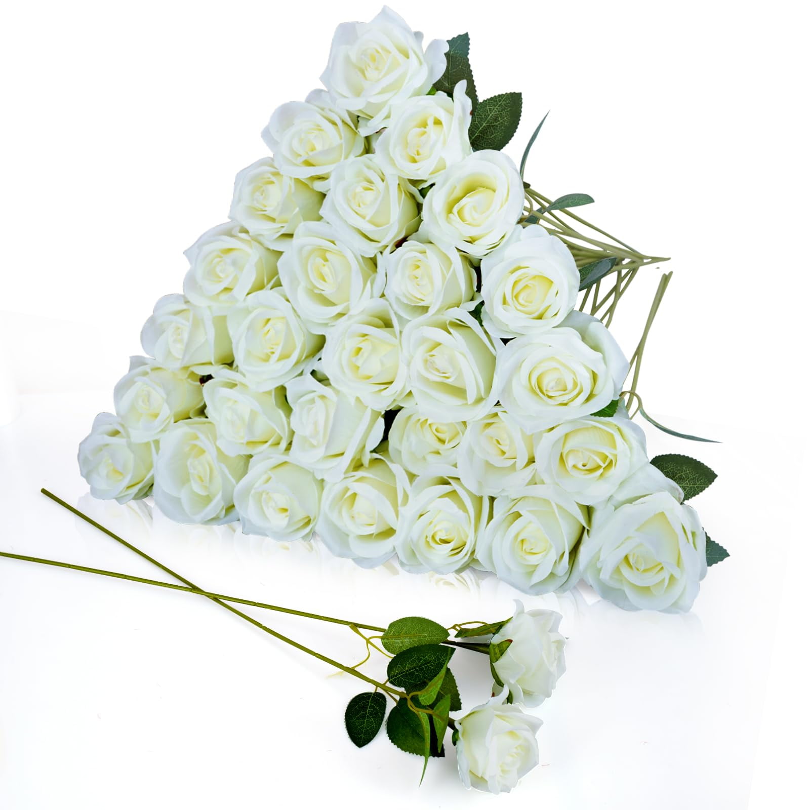 30Pcs White Artificial Silk Rose,Fake Rose Flowers with Long Stem Rose ...