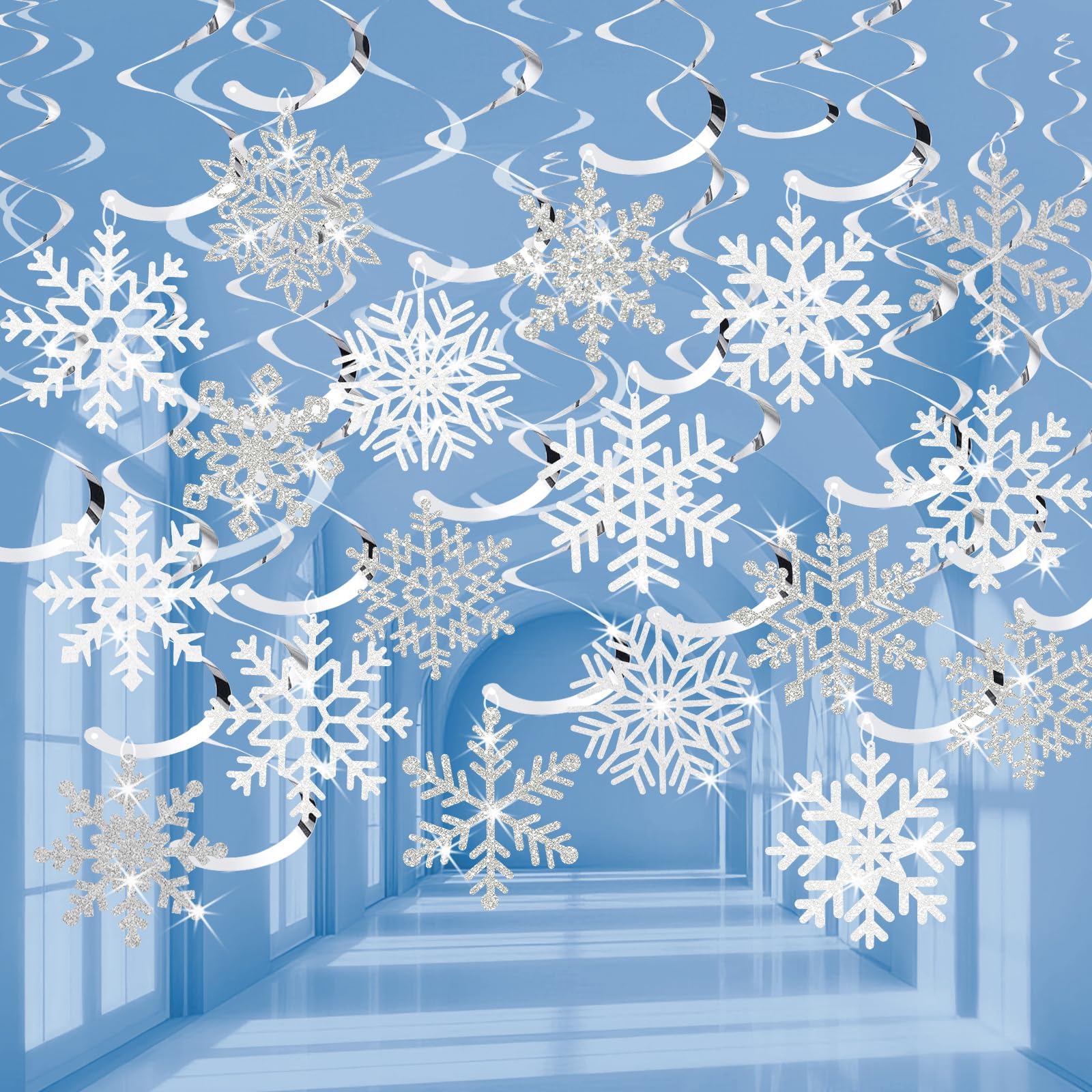 30Pcs Winter Snowflake Hanging Swirl Decorations, White Silver ...