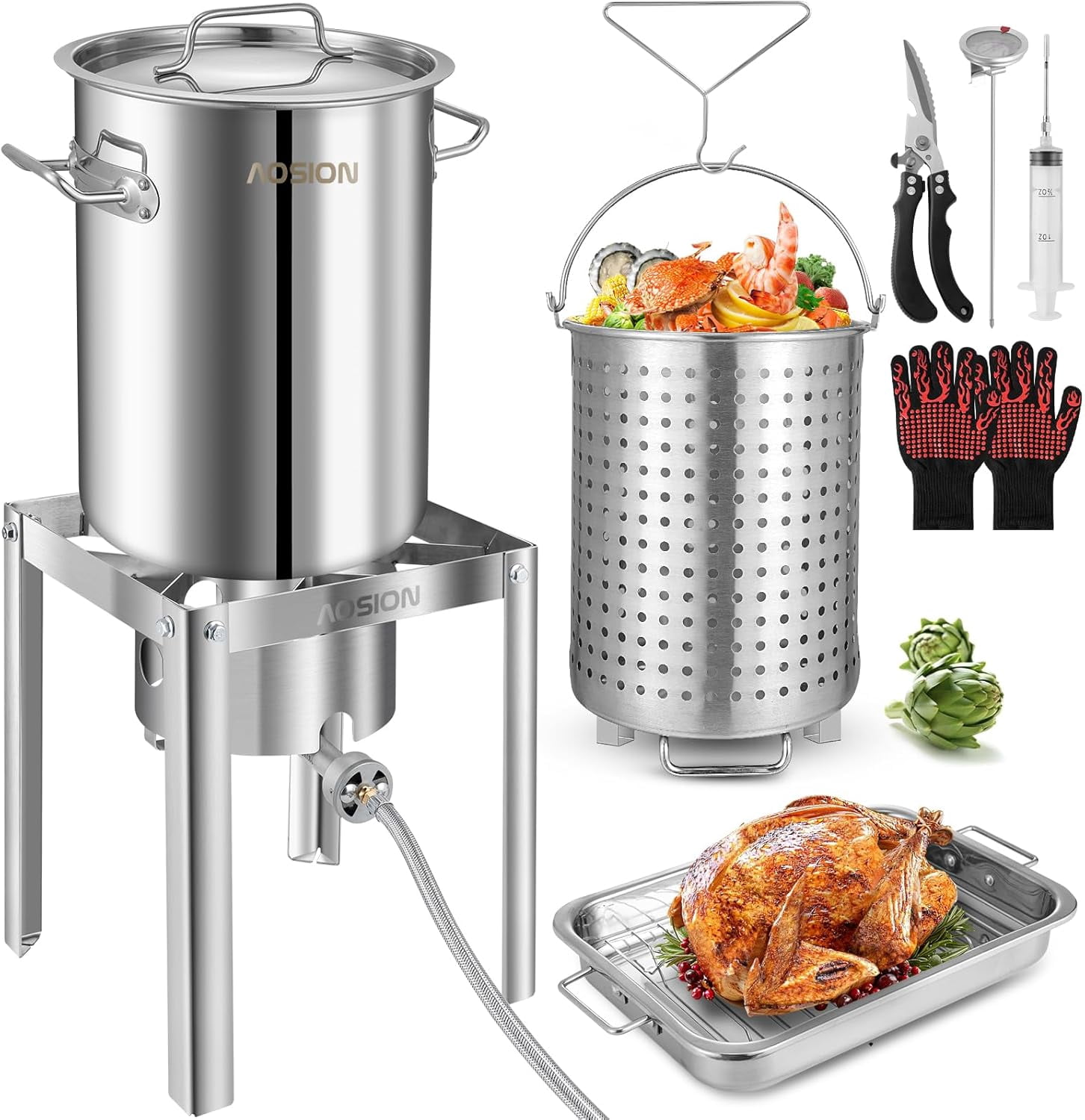 30QT Stainless Steel Turkey Fryer&Seafood Boil Pot with 55,000BTU ...