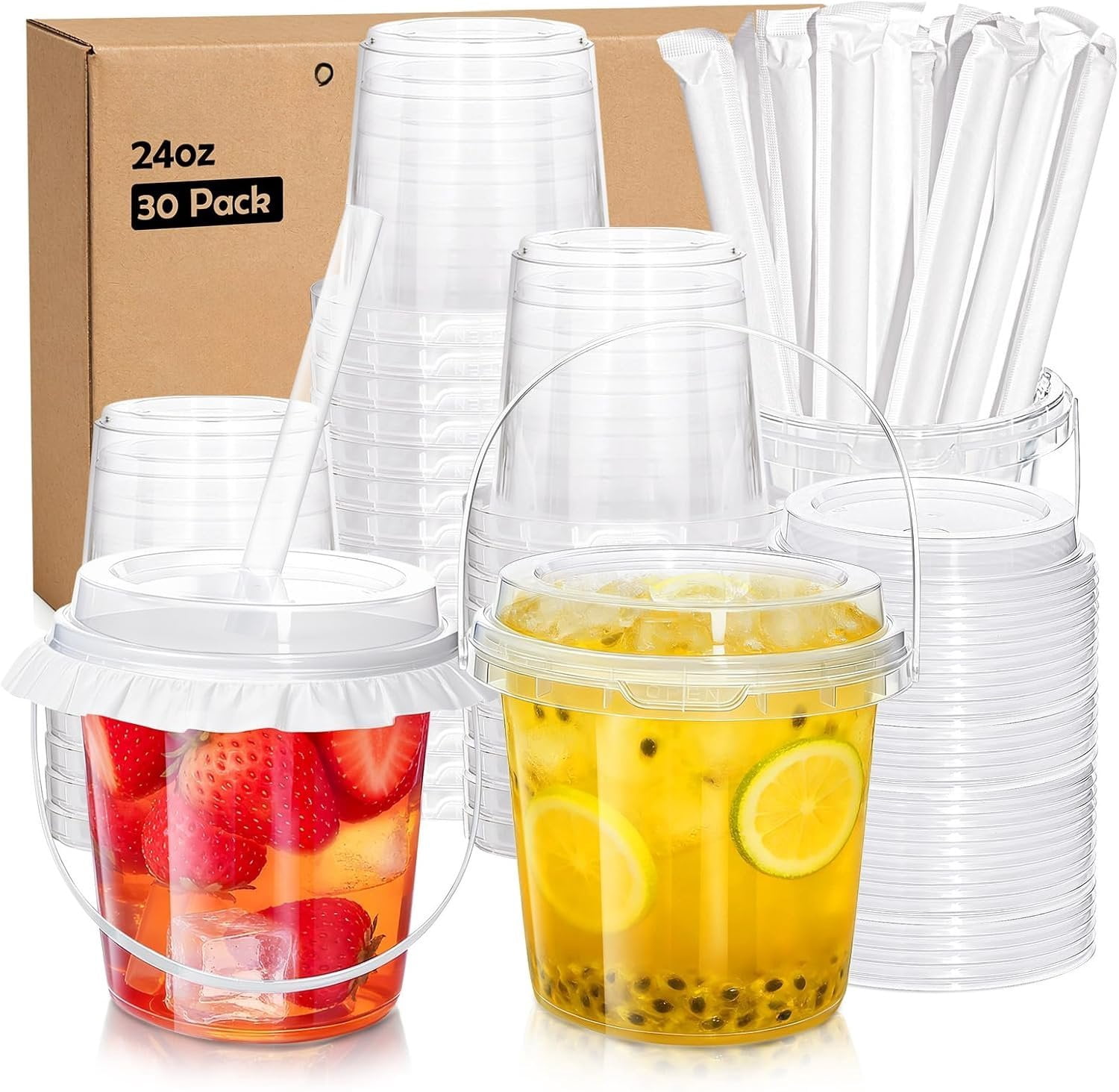 30Set 24OZ Clear Plastic Cups with Lid and Straw, Beverage Bucket with ...