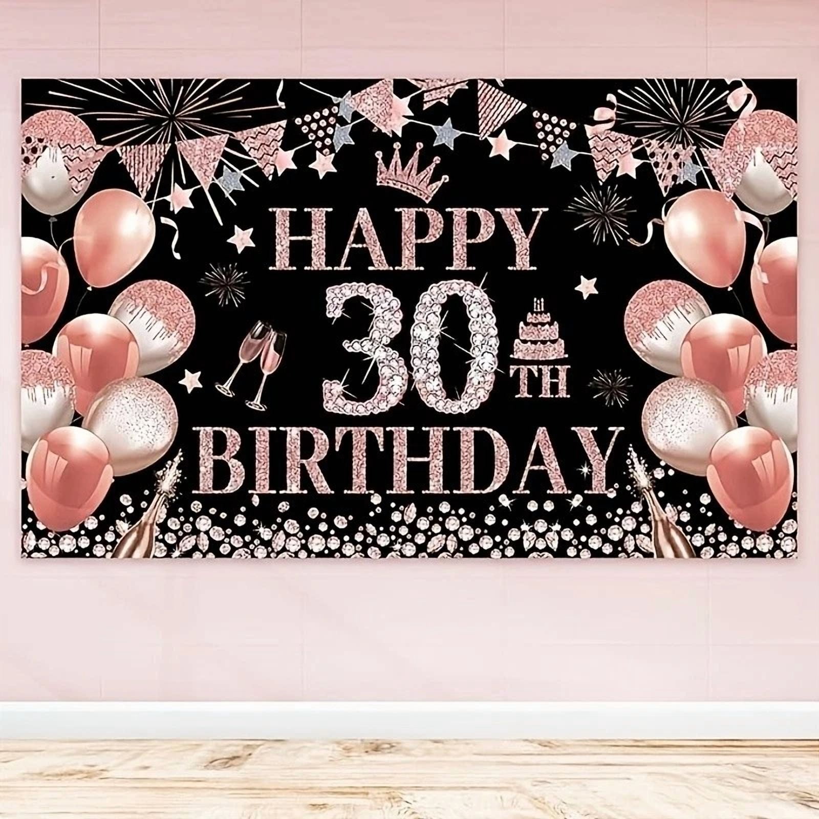 30Th Rose Gold Birthday Party Backdrop Rose Gold Glitter Balloons Happy ...