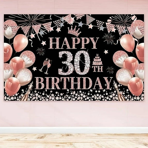 30Th Rose Gold Birthday Party Backdrop Rose Gold Glitter Balloons Happy ...
