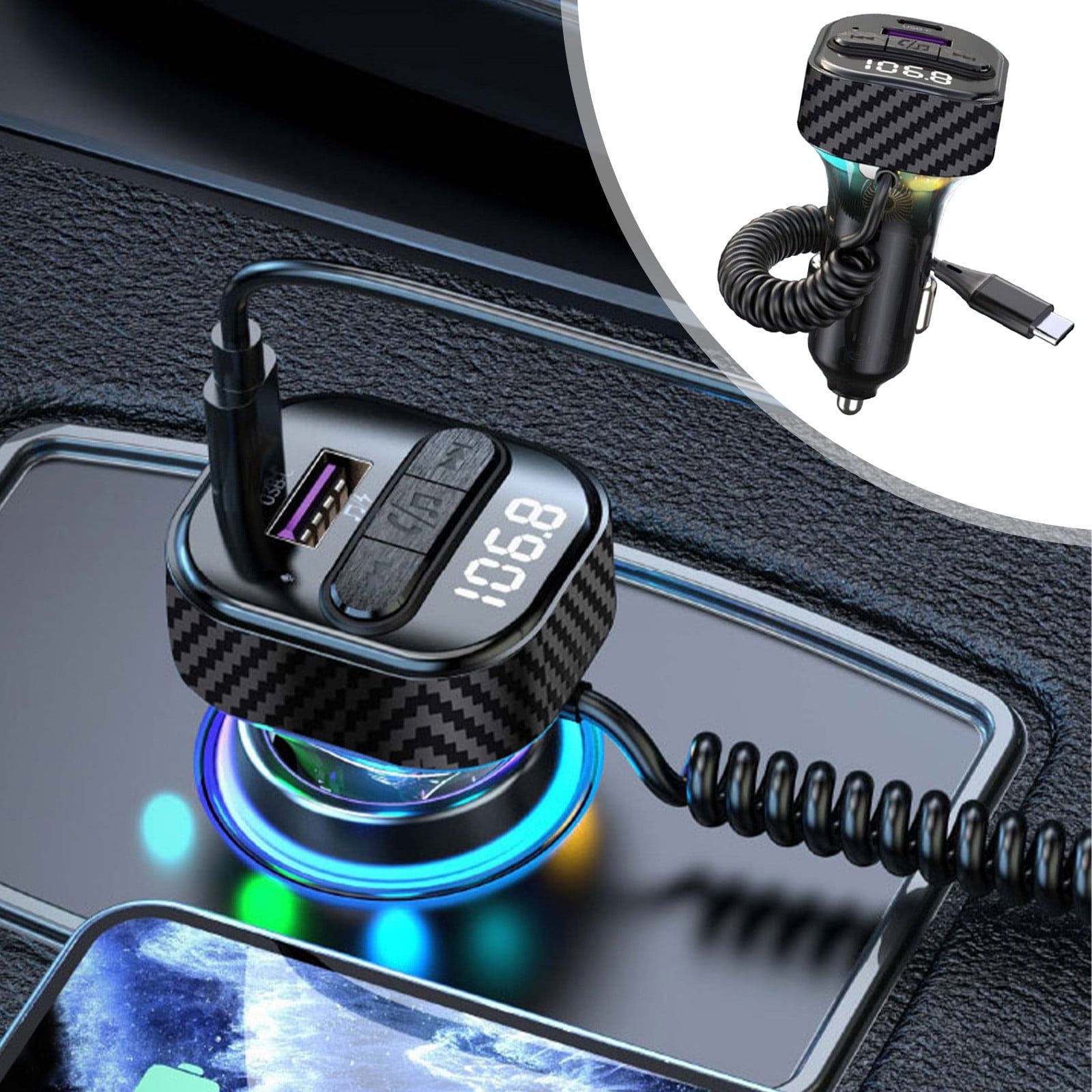 30W Fast Charging Car Spring Cable 5.3 Bluetooth Transmitter Colorful ...