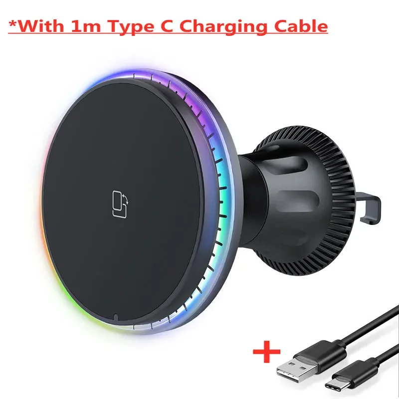 30W Magnetic Car Wireless Chargers RGB LED Light For iPhone 12 13 14 15 ...