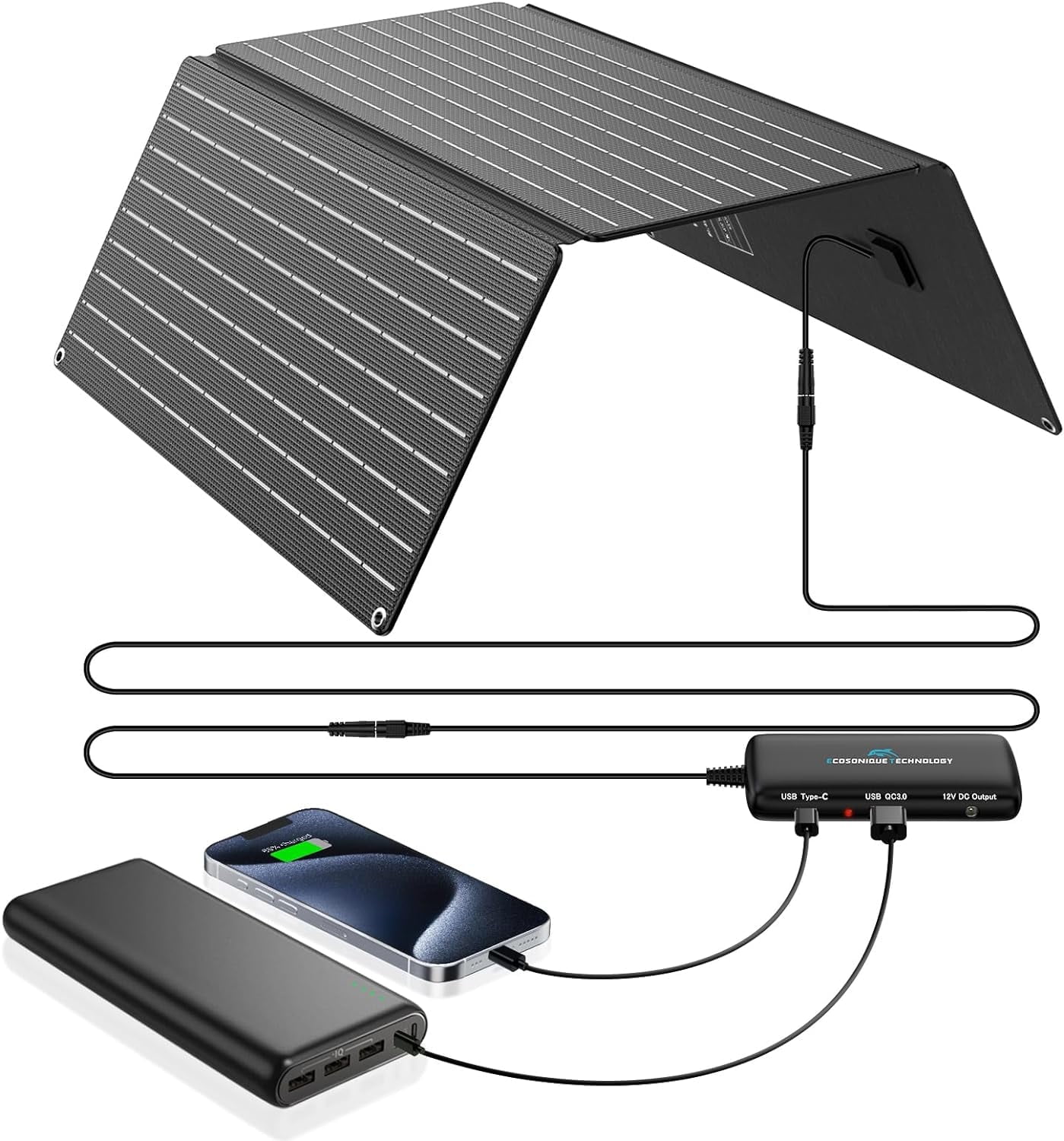 30W Portable Solar Panel with Detachable Power Hub, 19V DC/USB-A QC 3.0 ...