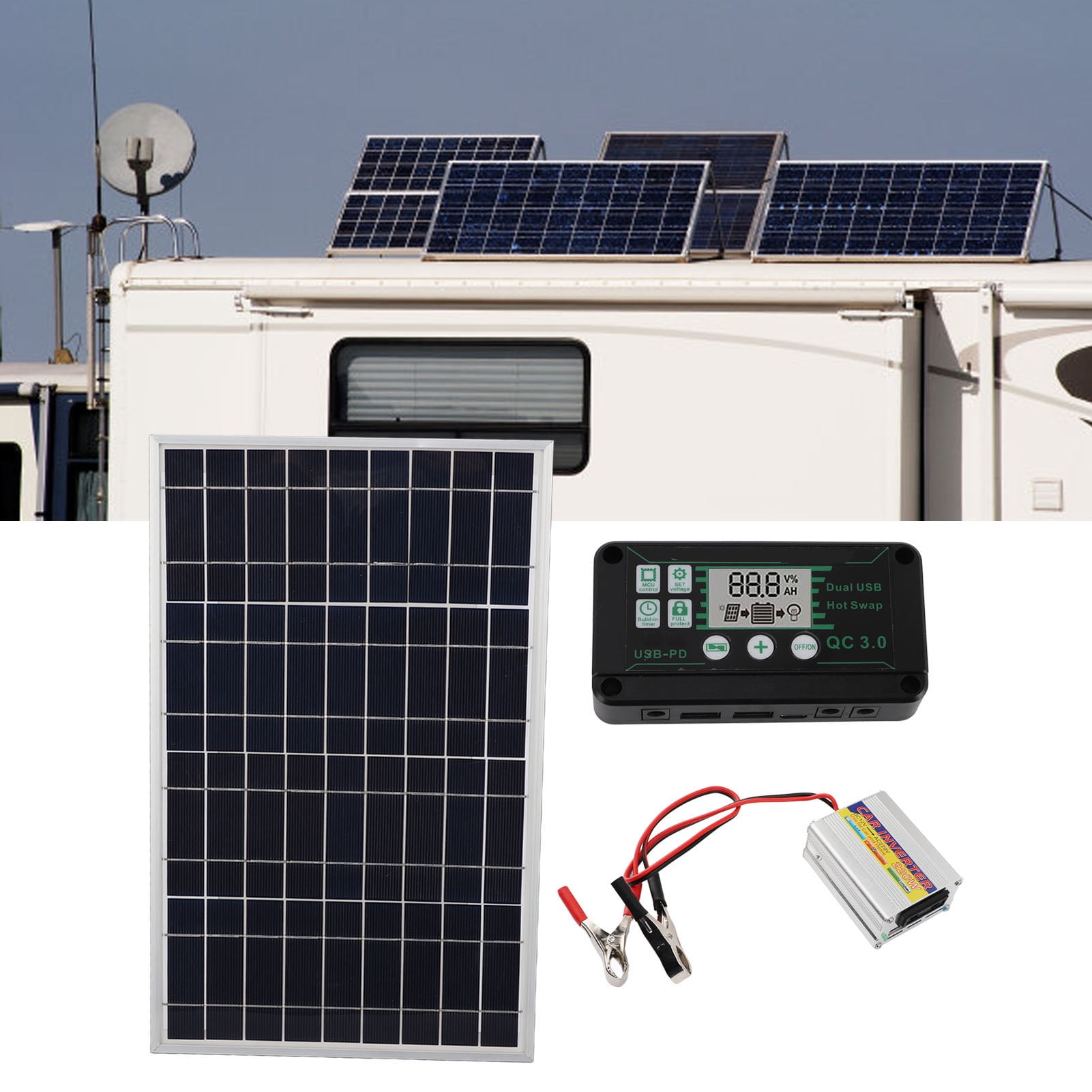 30W Solar Panel Kit W/ 220W Inverter MPPT Controller, Waterproof ...