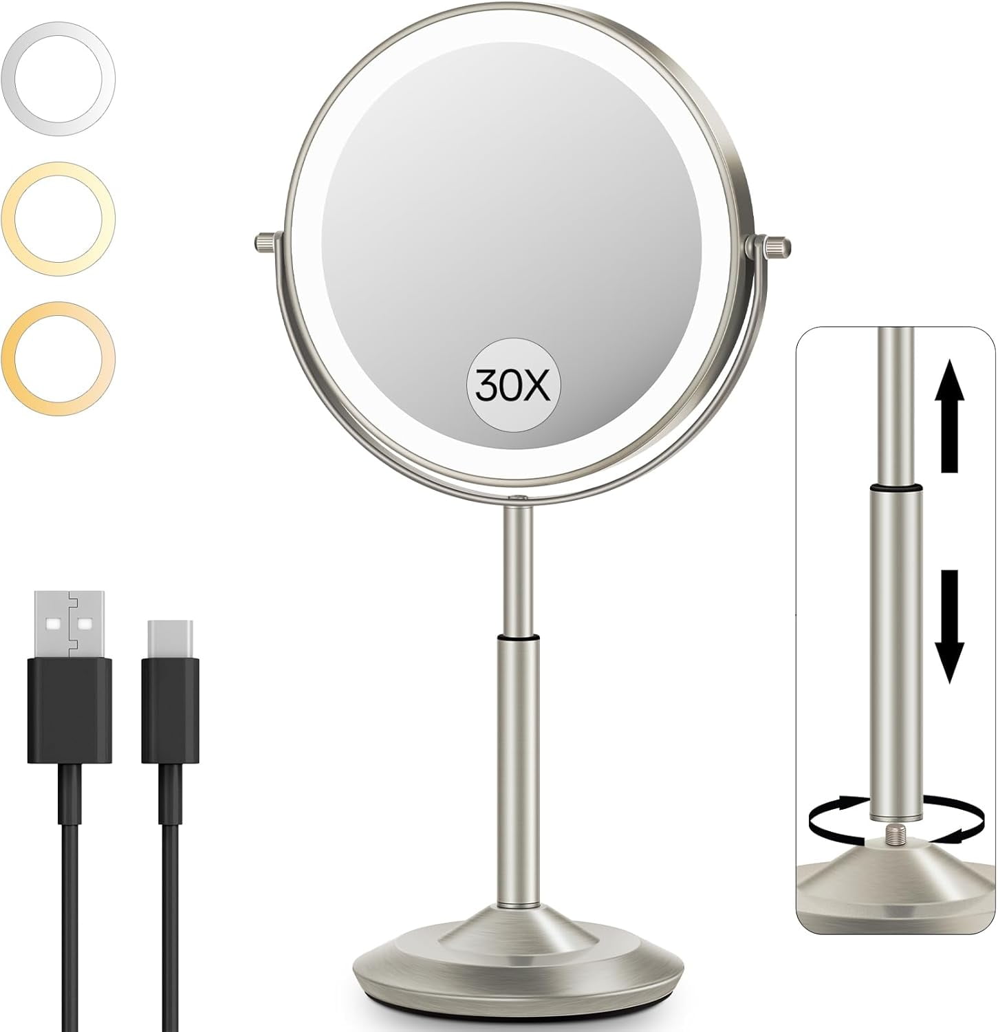 30X/1X Makeup Mirror with Lights, Height Adjustable Lighted Magnifying ...