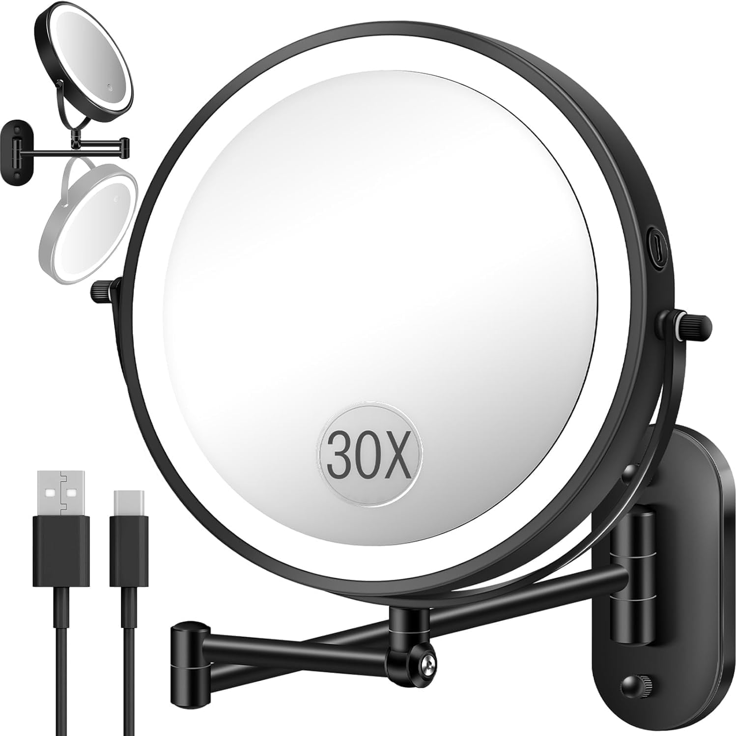 30X/1X Wall Mounted Lighted Makeup Mirror, 9'' Height Adjustable Double ...