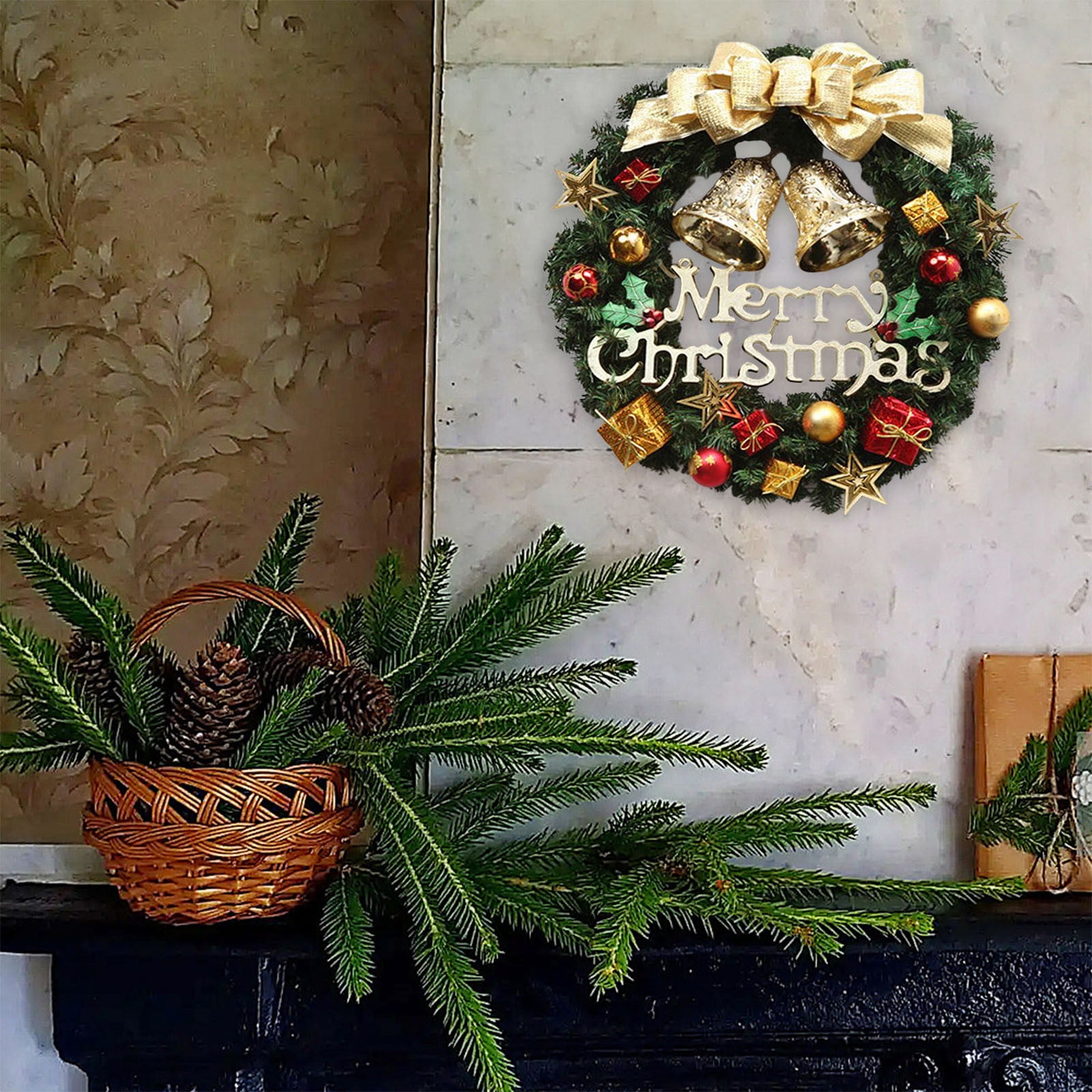 30cm Christmas Wreath with Bells, Pinecones & Gift Boxes | Multicolor ...