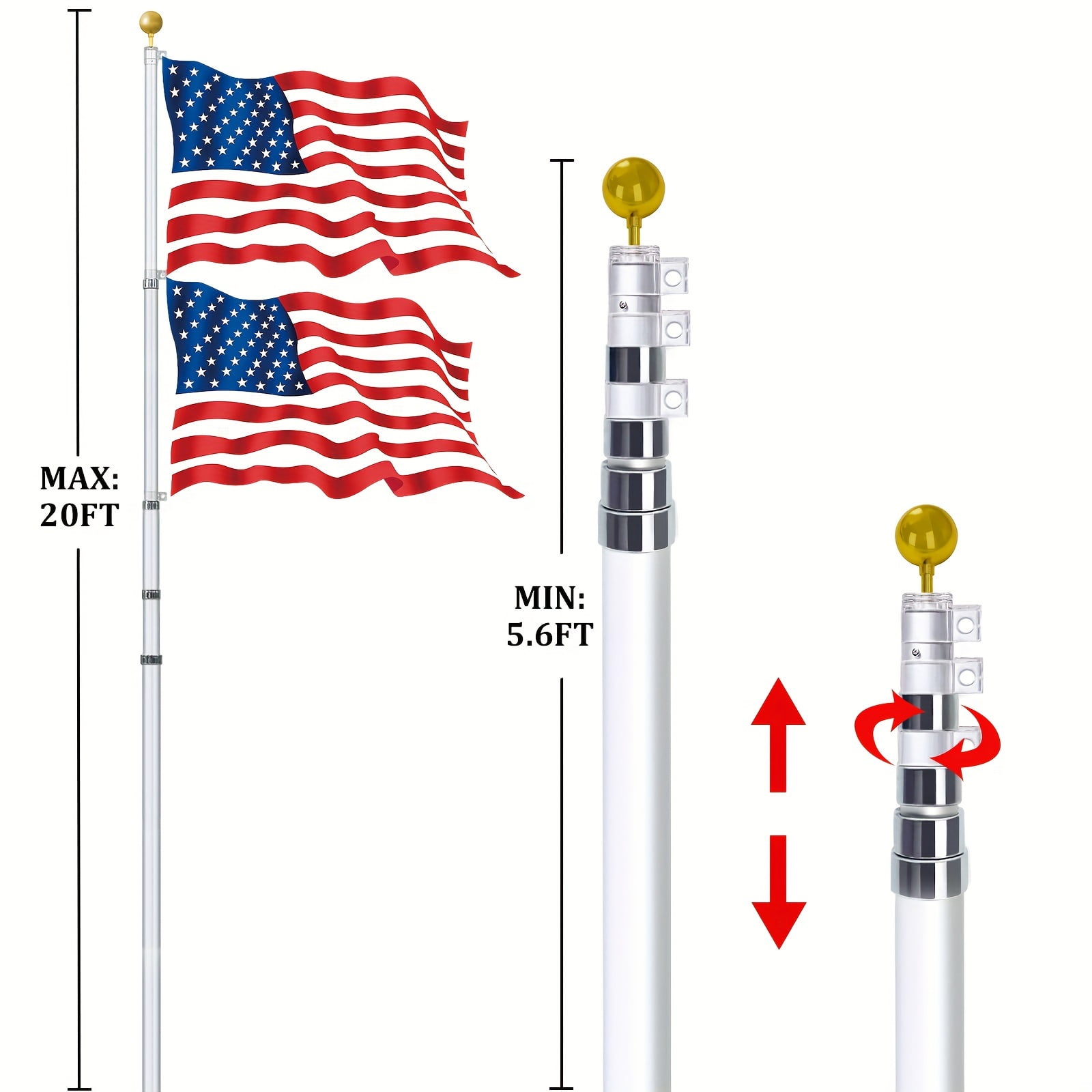 30ft Telescopic Flag Pole Kit for Outdoor in Ground, Extra Thick Black Telescoping Flagpole with ...