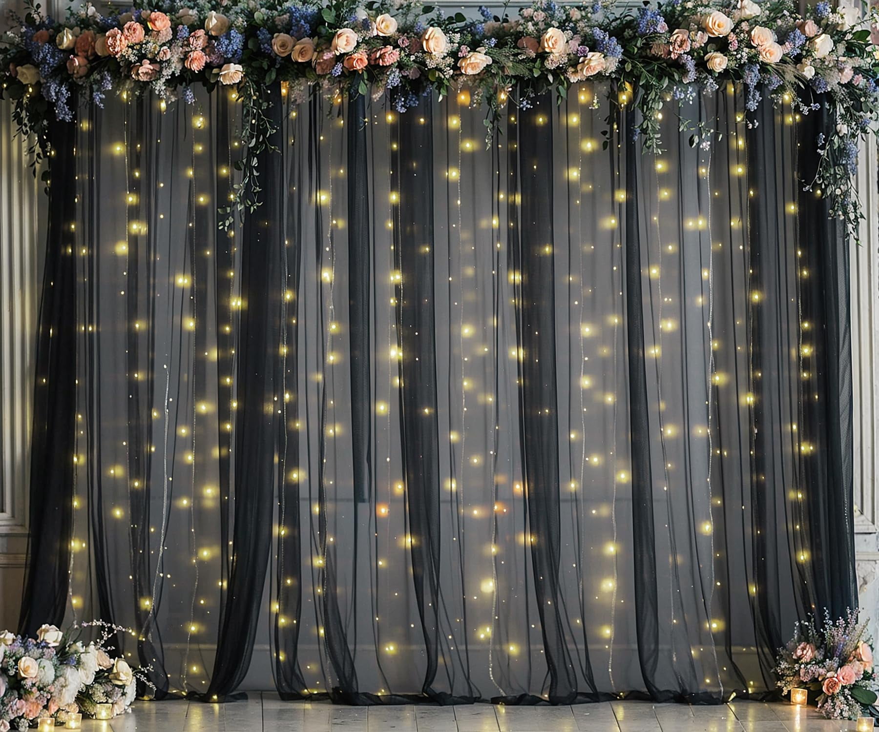 30ft x 10ft Black Tulle Photo Backdrop Curtain with Lights String for ...