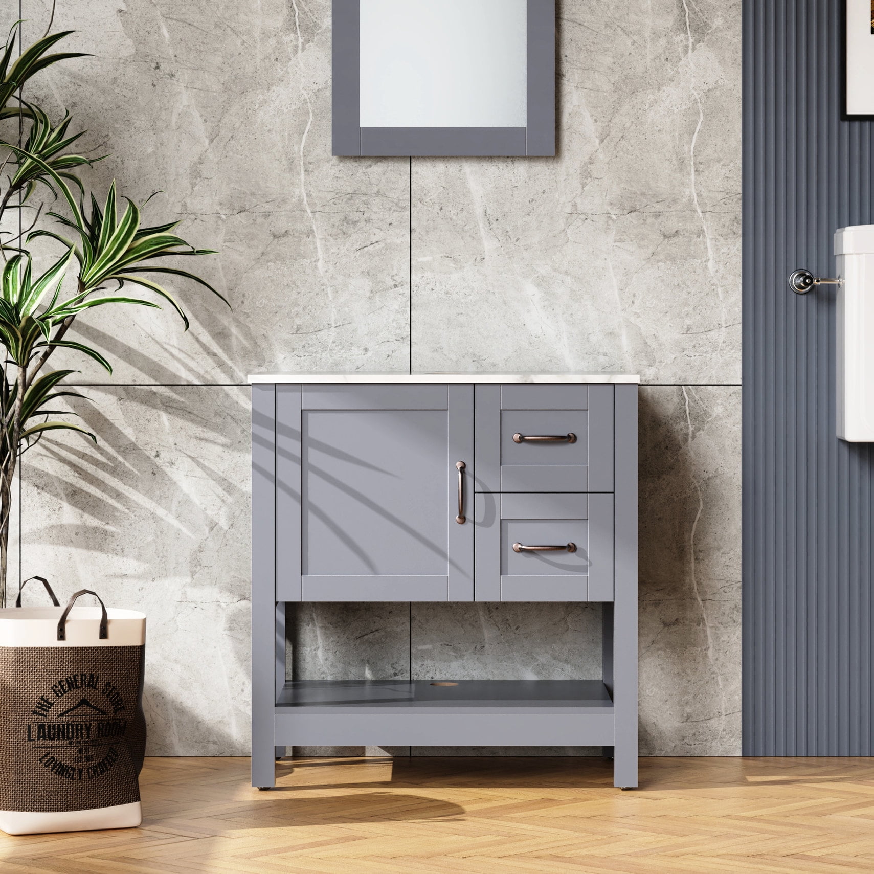 30in Gray Sink Vanity with Marble Top, Shatter-proof & Oil Proof ...