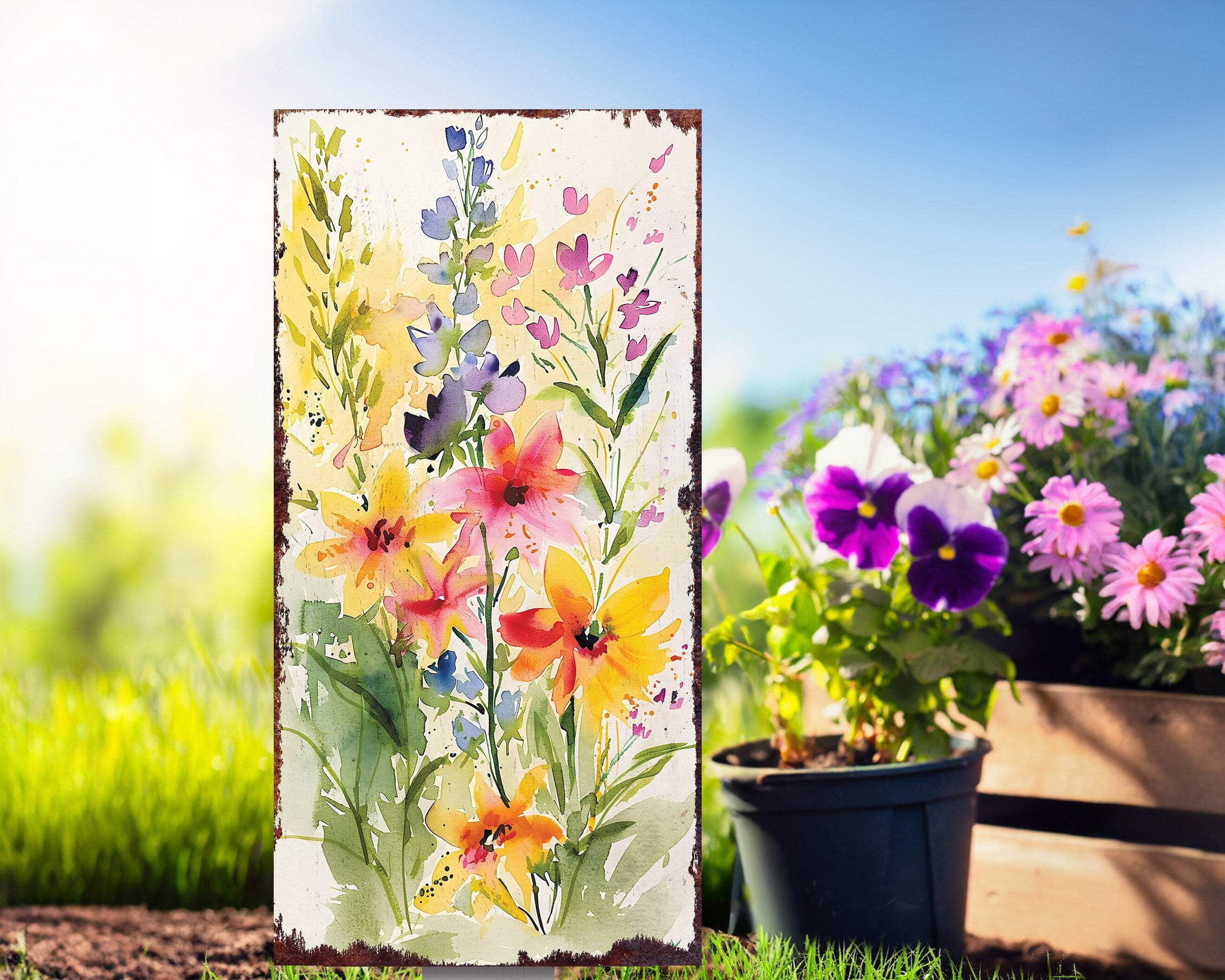 30in Spring Garden Stake | Watercolor Wildflower Decor | Ideal for ...