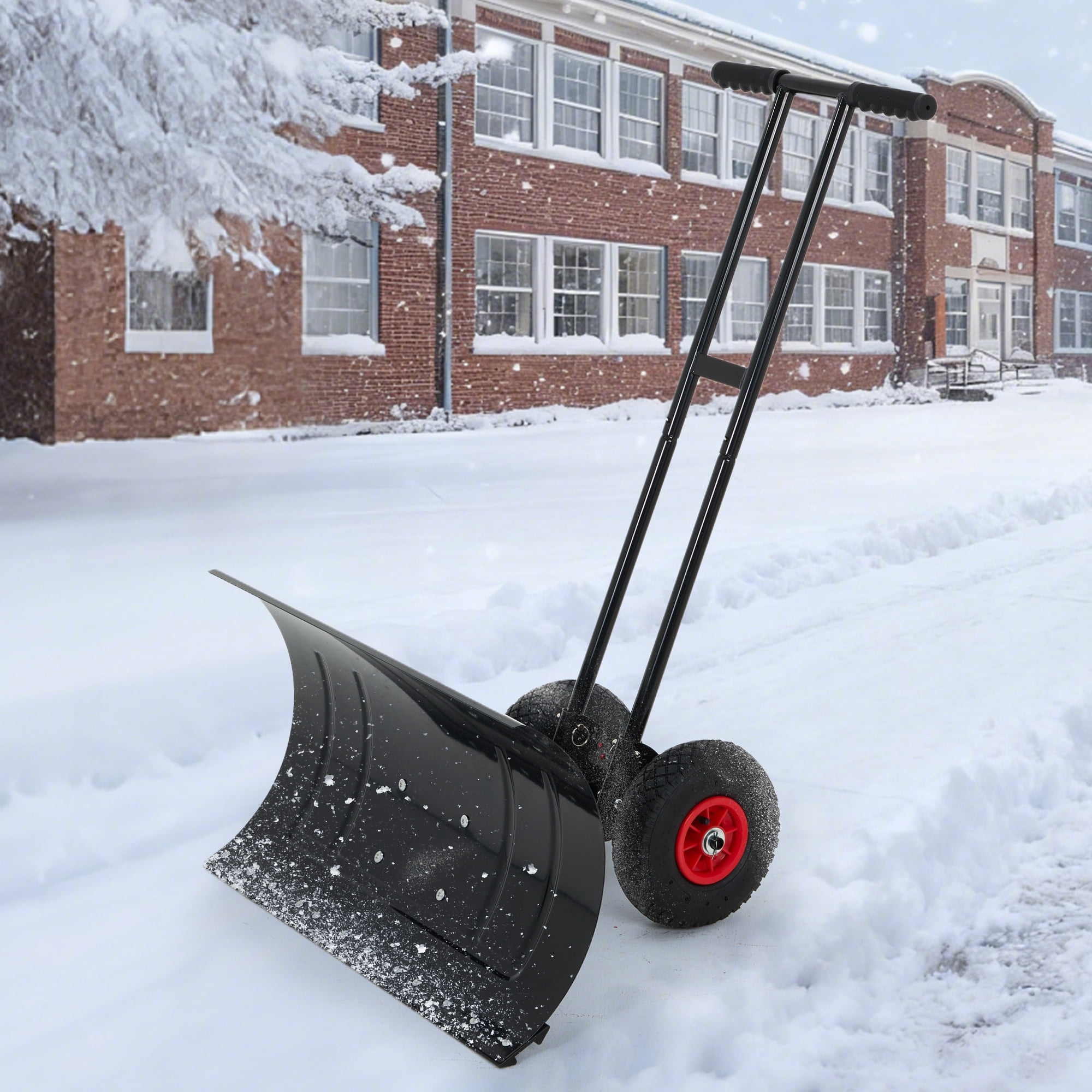30in Wide Heavy-Duty Push Snow Shovel with Wheels, 5-Level Adjustable ...