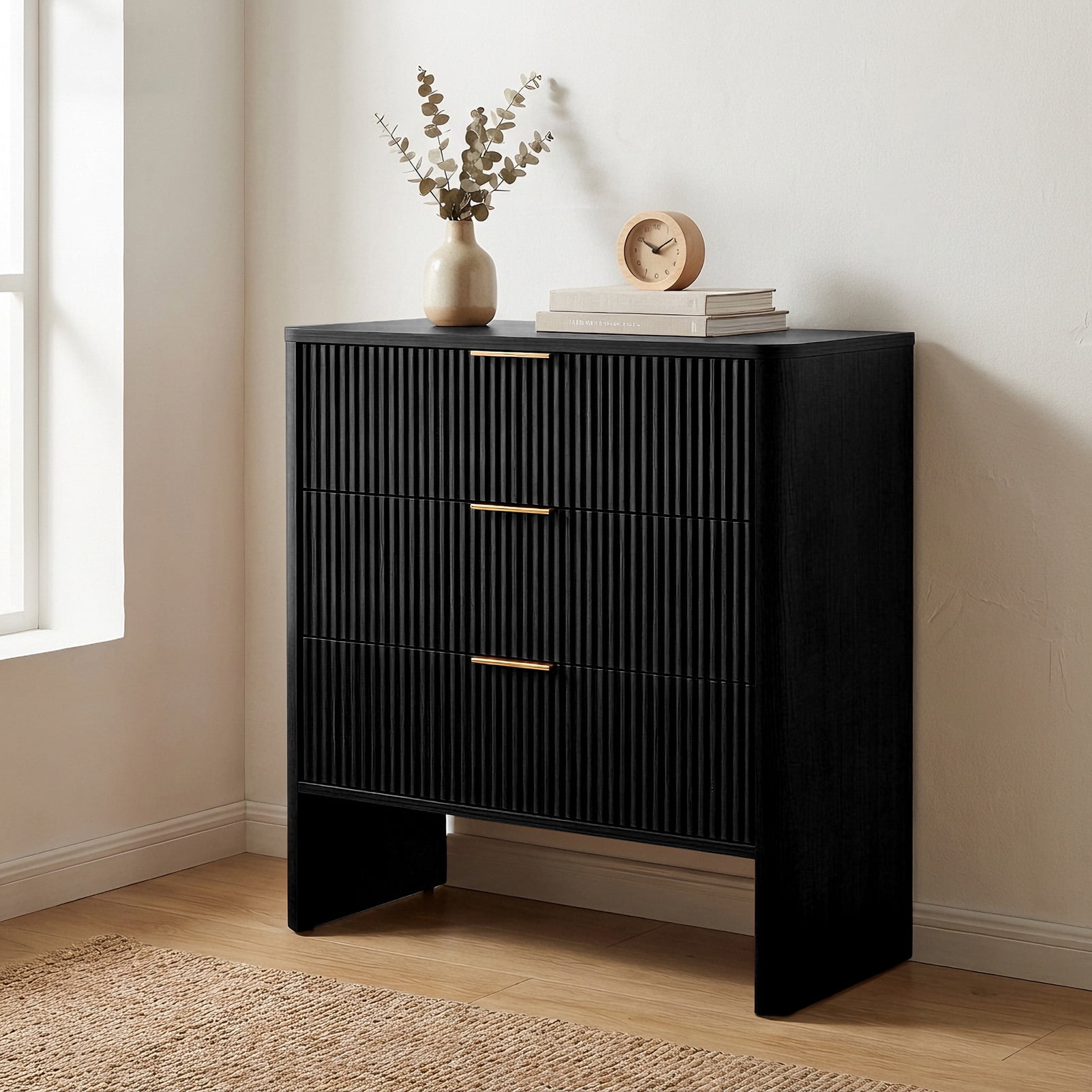 30in Wooden Cabinet with 3 Drawers Wavy Pattern Modern Bedside Cupboard ...