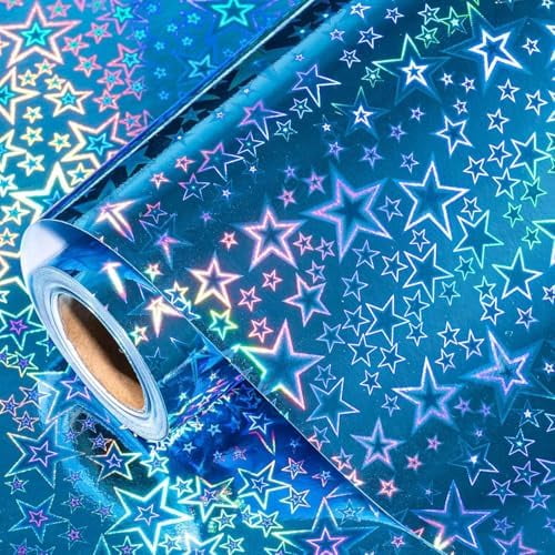 30in x 32.8Ft Blue Holographic Wrapping Paper, Metallic Shiny Star ...