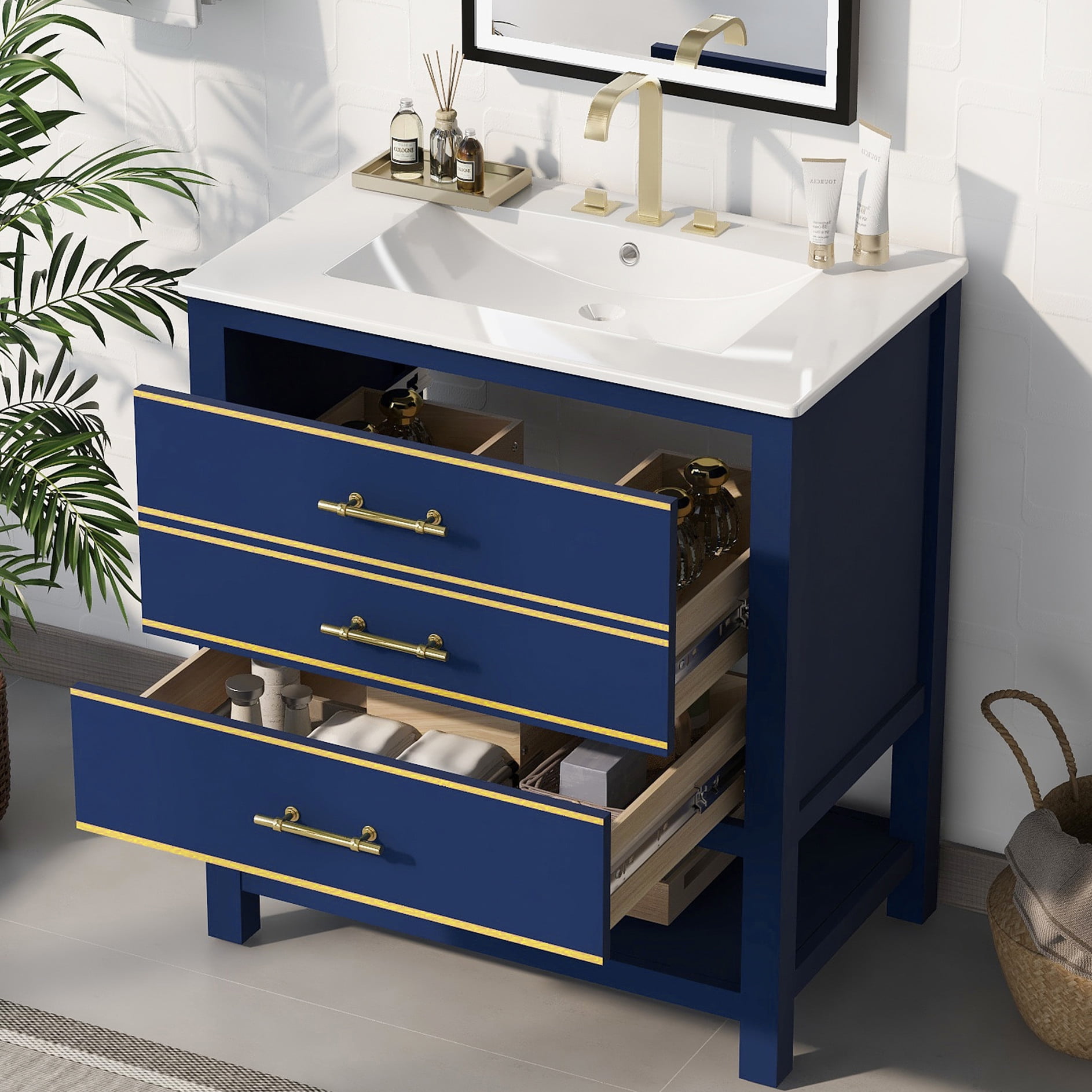 30inch Navy Blue Bathroom Vanity With Open Storage Pocket & Two Drawer ...