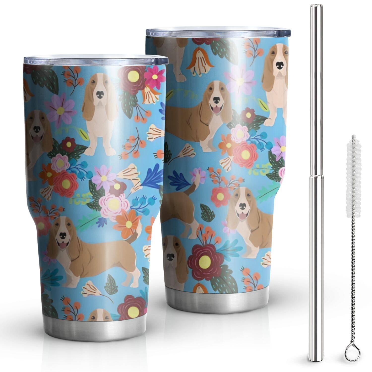 30oz Basset Hound Dog and Flower Tumblers Stainless Steel Tumbler with ...