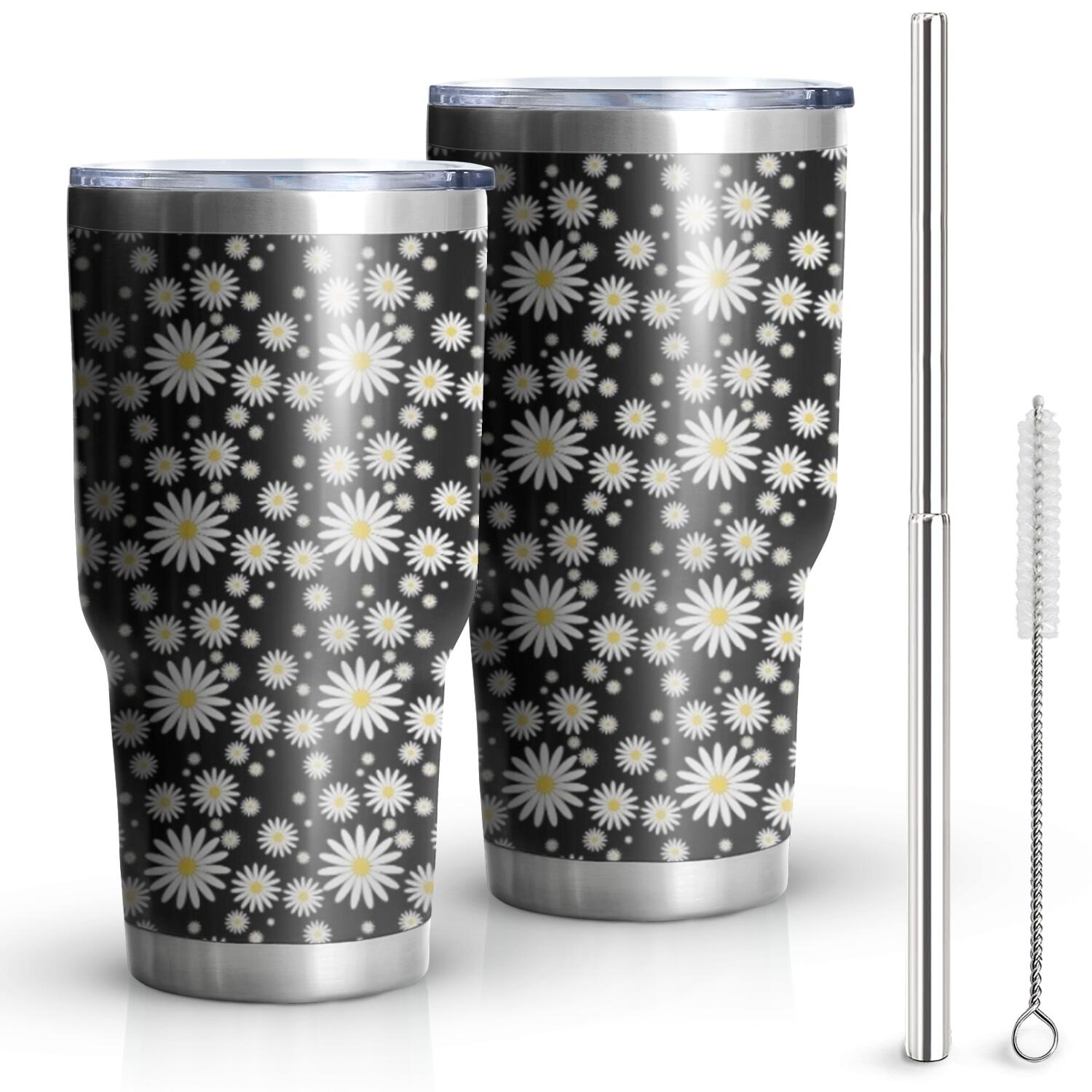 30oz Black Daisy Flower White Blooms Pattern Tumblers Stainless Steel ...