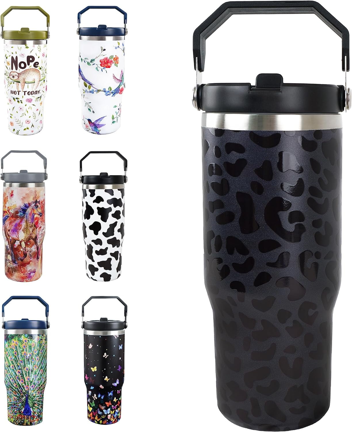 30oz Black Leopard Tumbler with Handle and Straw, Stainless Steel ...