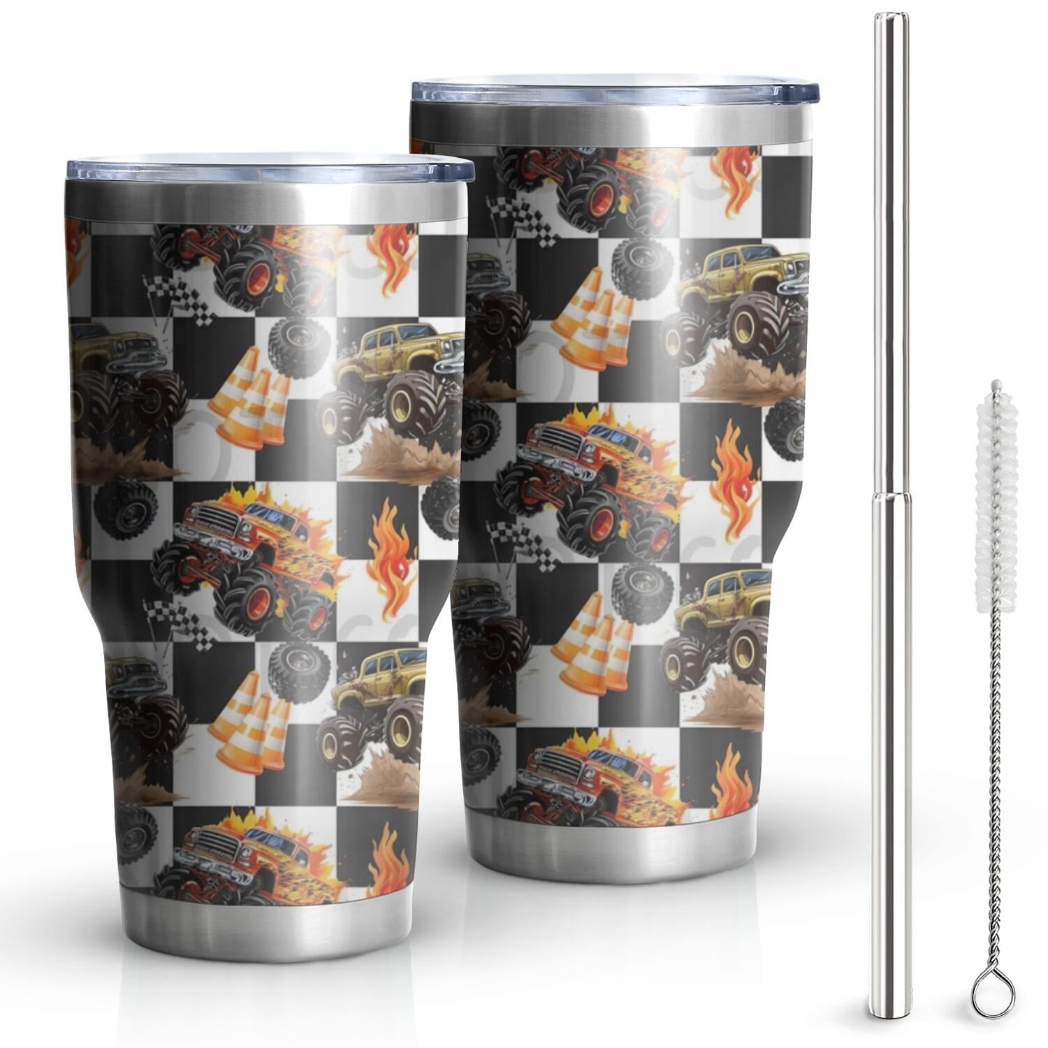 30oz Black White Checker Monster Cartoon Trucks Pattern Tumblers Stainless Steel Tumbler with ...