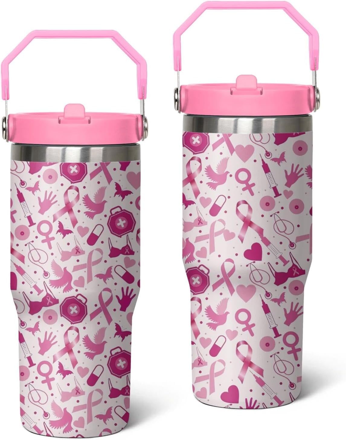 30oz Breast Cancer Awareness Tumbler with Handle and Straw for Women ...