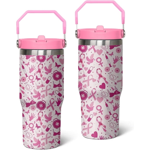 30oz Breast Cancer Awareness Tumbler with Handle and Straw for Women ...