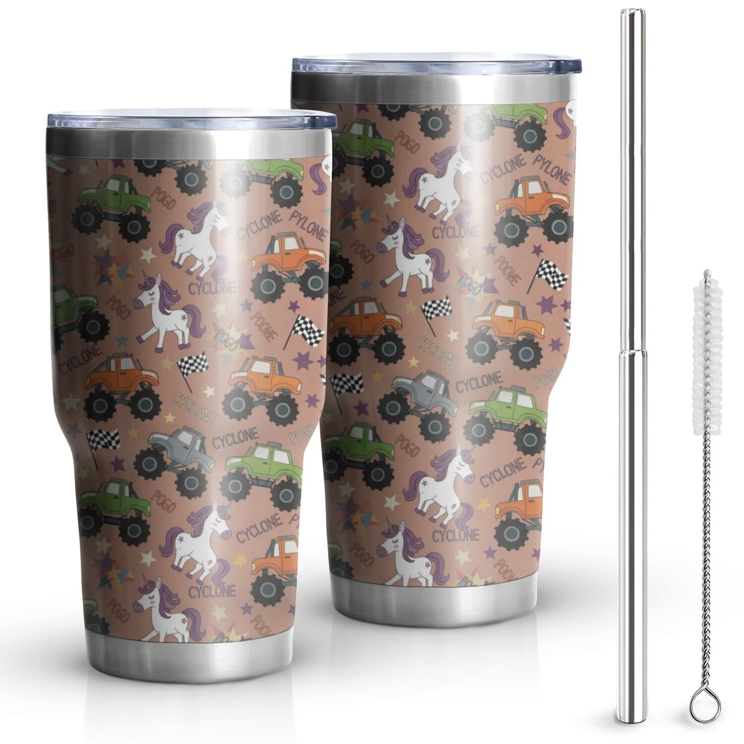 30oz Brown Monster Cartoon Trucks Unicorn Pattern Tumblers Stainless ...