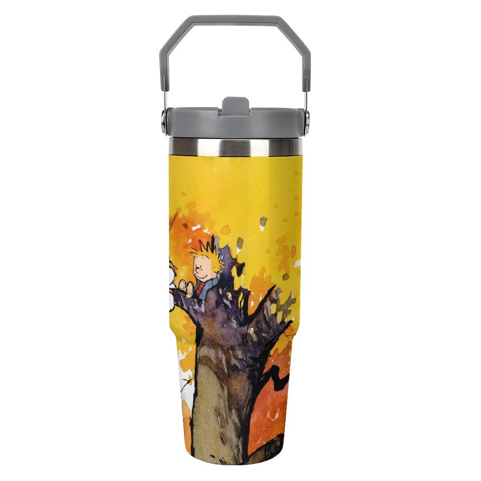 30oz Calvin And Hobbe Tumbler with Top Handle and Straw Lid Stainless ...